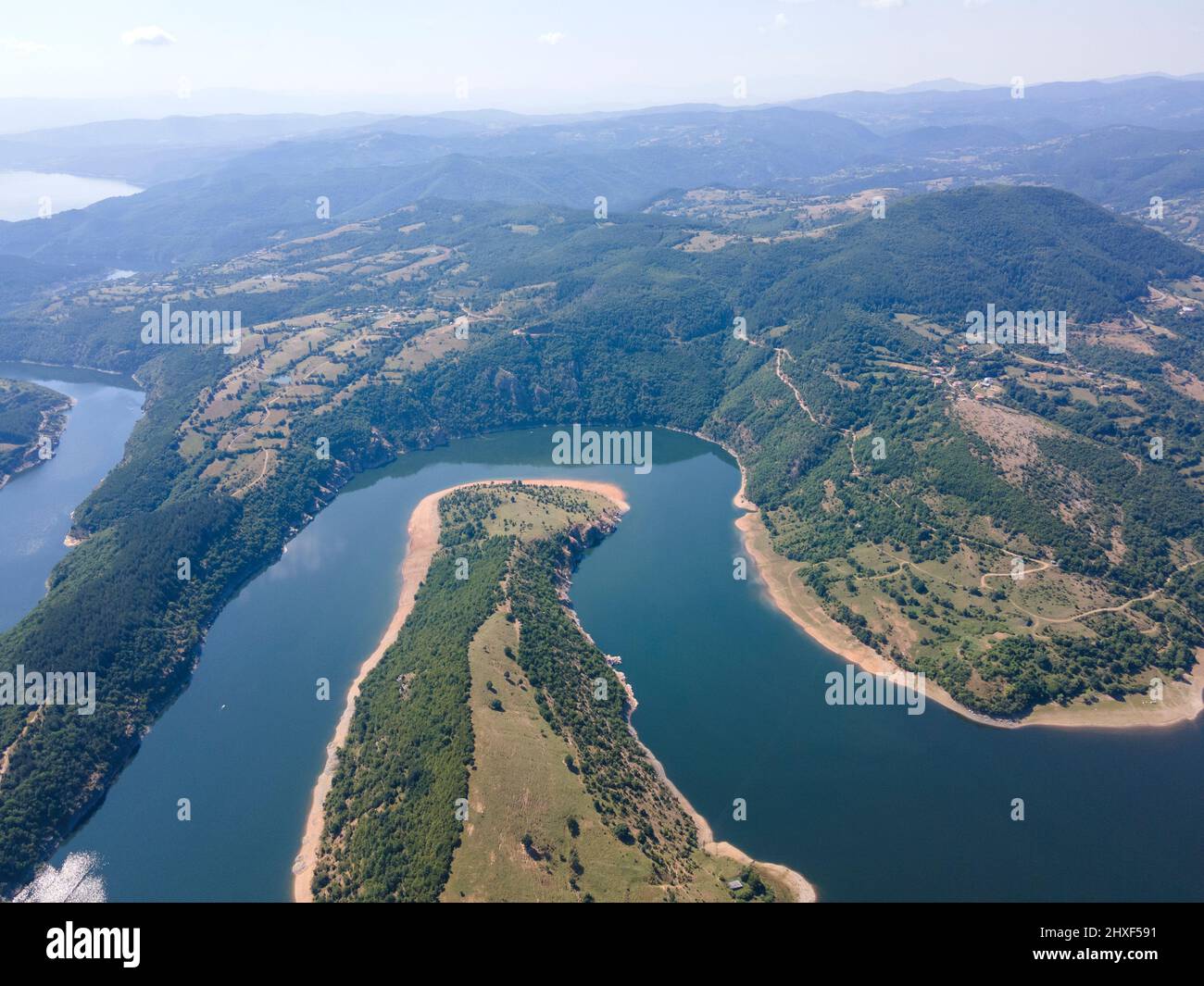 Aerial view of Arda River meander and Kardzhali Reservoir, Bulgaria ...