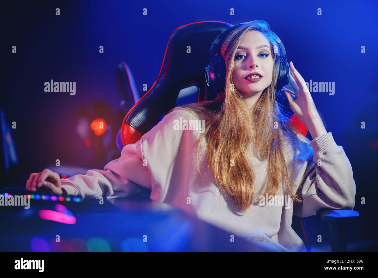 Happy streamer caucasian young woman professional cyber gamer online ...