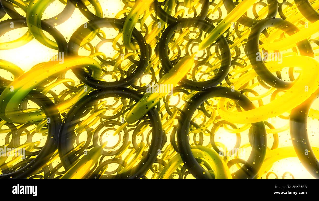 Animation with many rotating rings in chains. Motion. Multitude of 3d ...