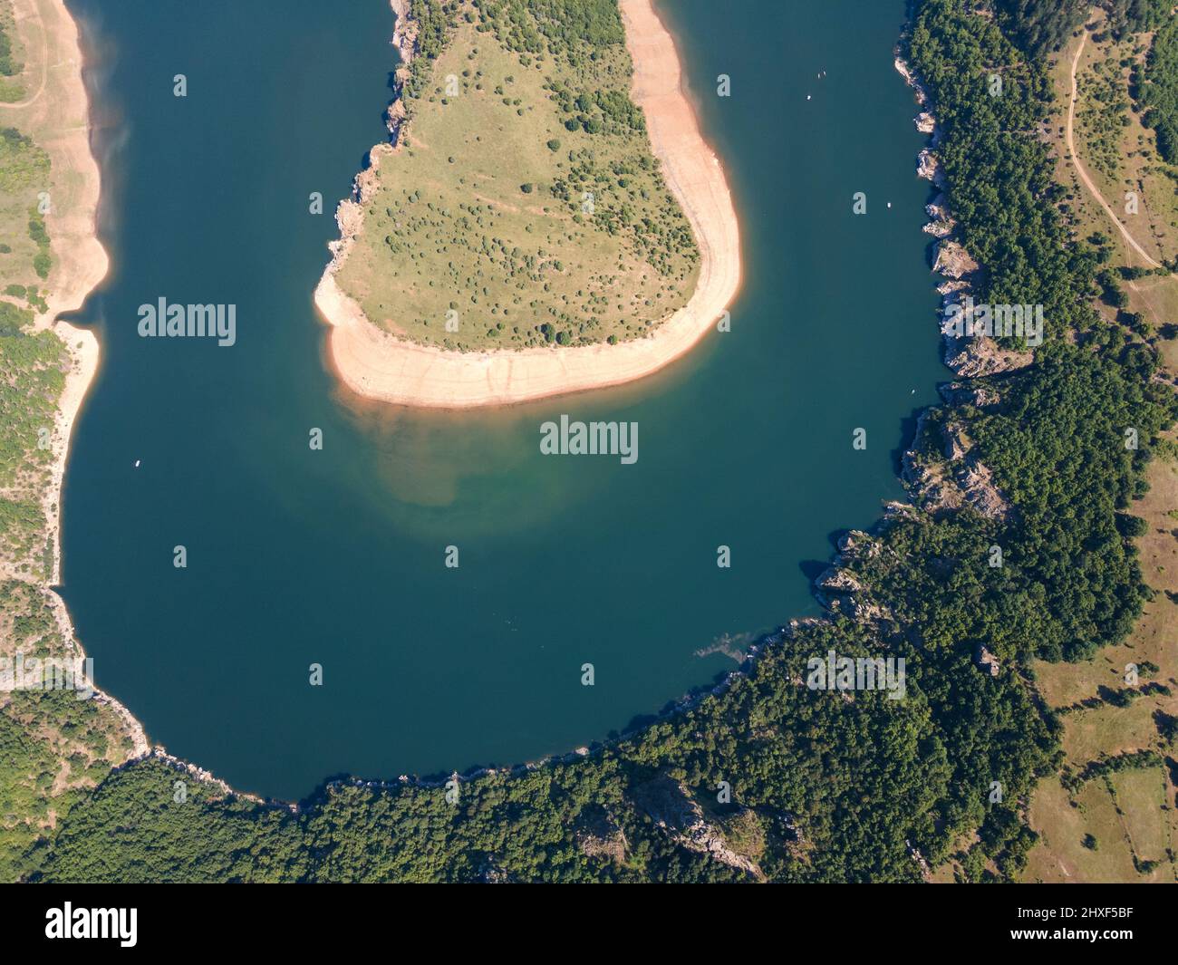 Aerial view of Arda River meander and Kardzhali Reservoir, Bulgaria ...