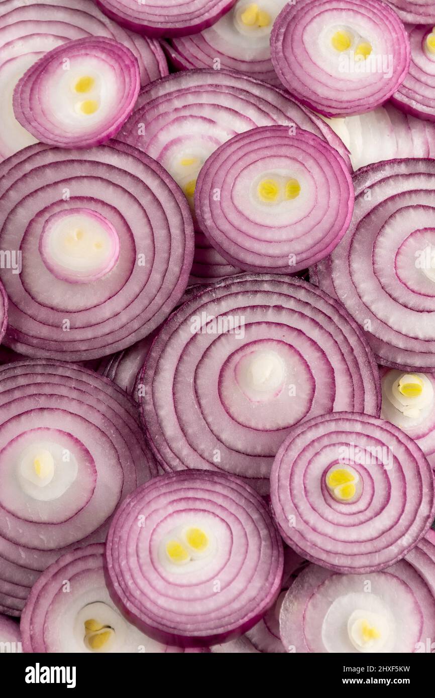 Purple onion circles background. Organic food ingredients Stock Photo ...