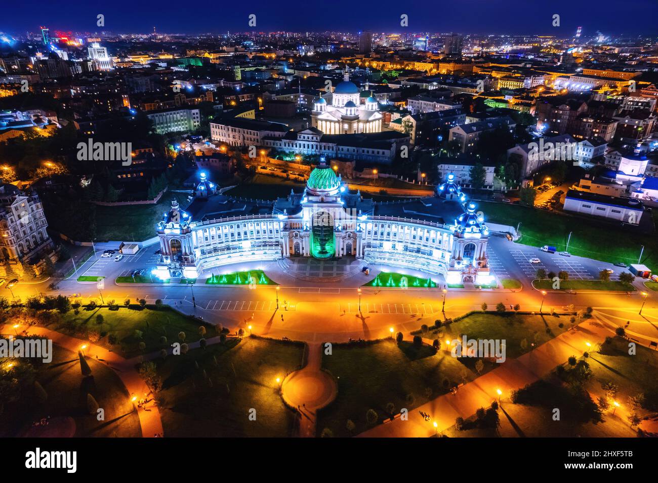 Panorama night city Kazan kremlin and Kul Sharif mosque Russia, aerial top view Stock Photo - Alamy
