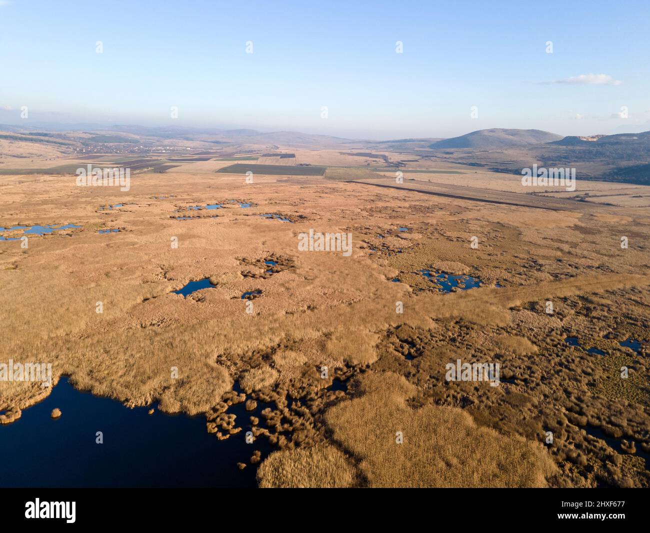 Aerial Autumn view of Dragoman marsh, Sofia region, Bulgaria Stock ...