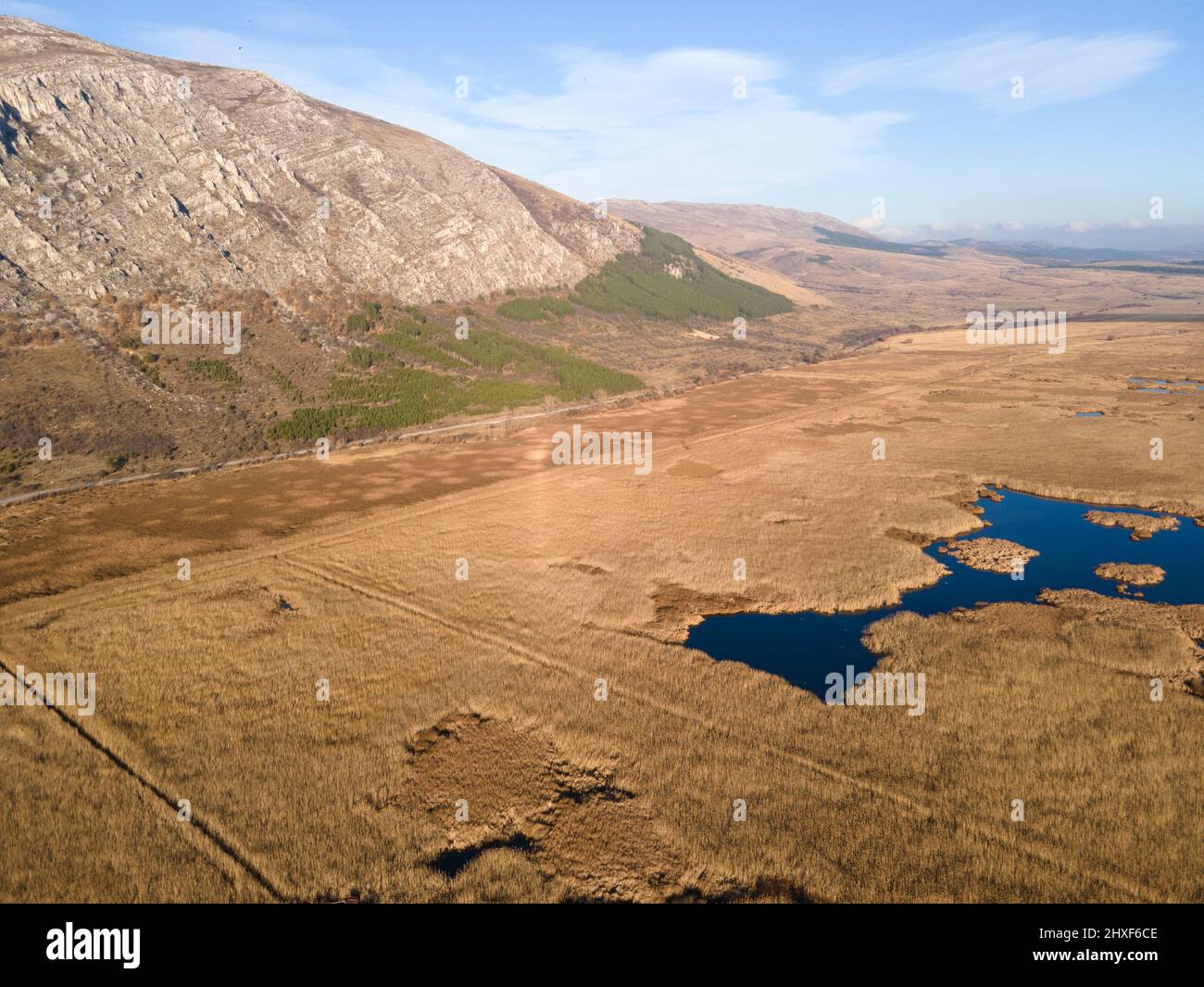 Aerial Autumn view of Dragoman marsh, Sofia region, Bulgaria Stock ...