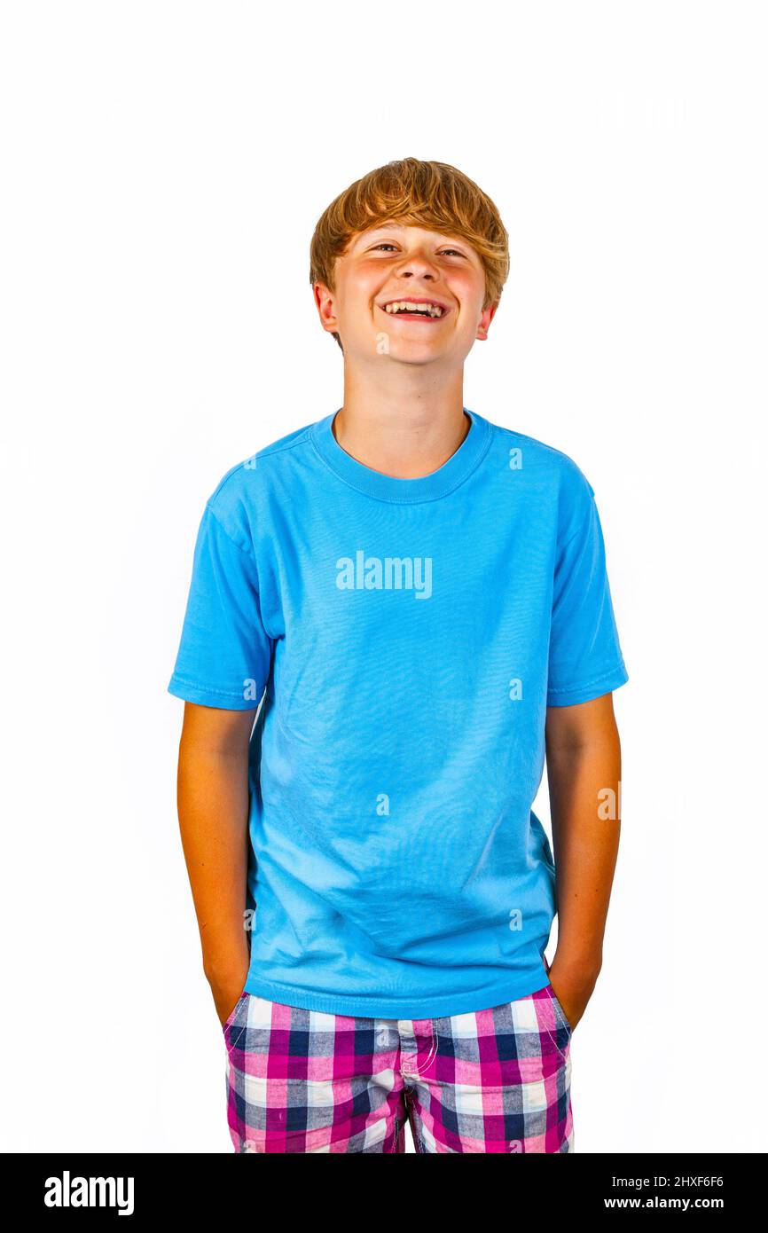 cute bold faced boy with white wall background Stock Photo - Alamy