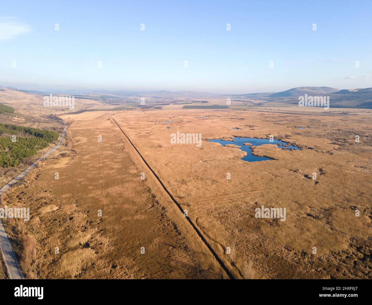 Aerial Autumn view of Dragoman marsh, Sofia region, Bulgaria Stock ...