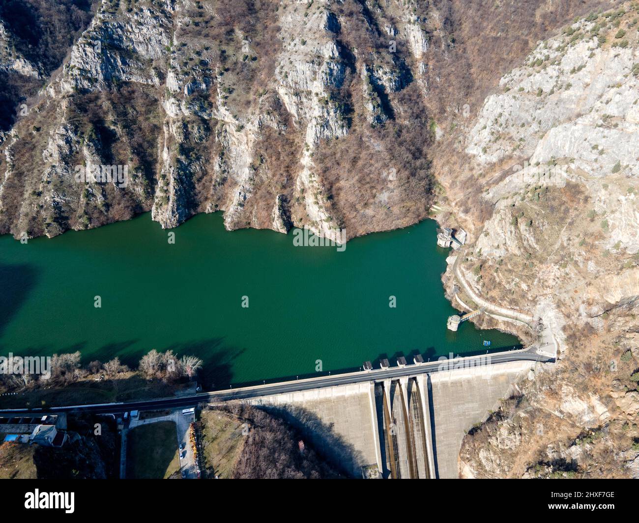 Aerial view of dam of Krichim Reservoir, Rhodopes Mountain, Plovdiv ...