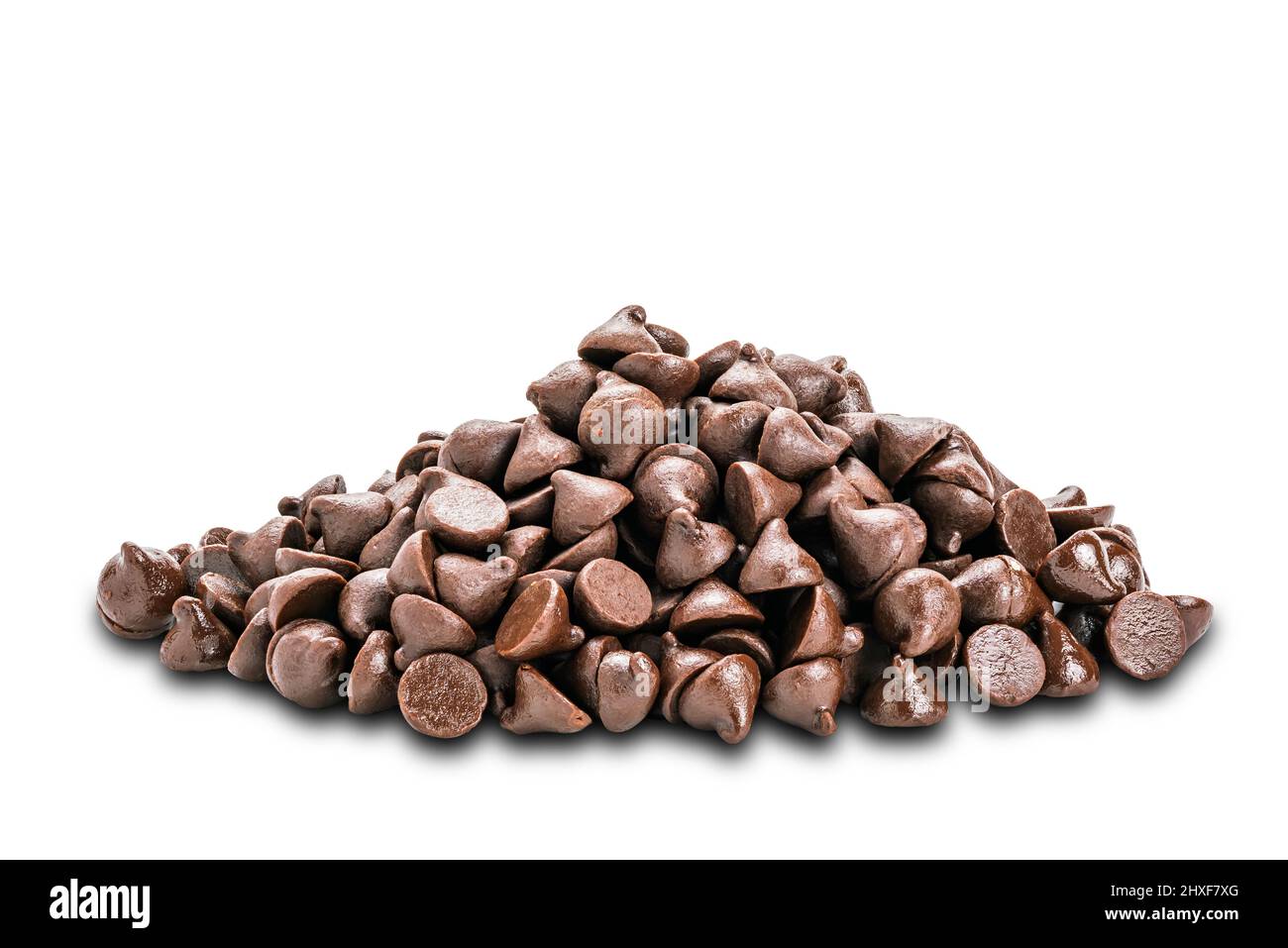 Closeup view pile of chocolate chips on white background with clipping ...