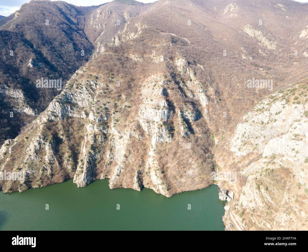 Aerial view of dam of Krichim Reservoir, Rhodopes Mountain, Plovdiv ...