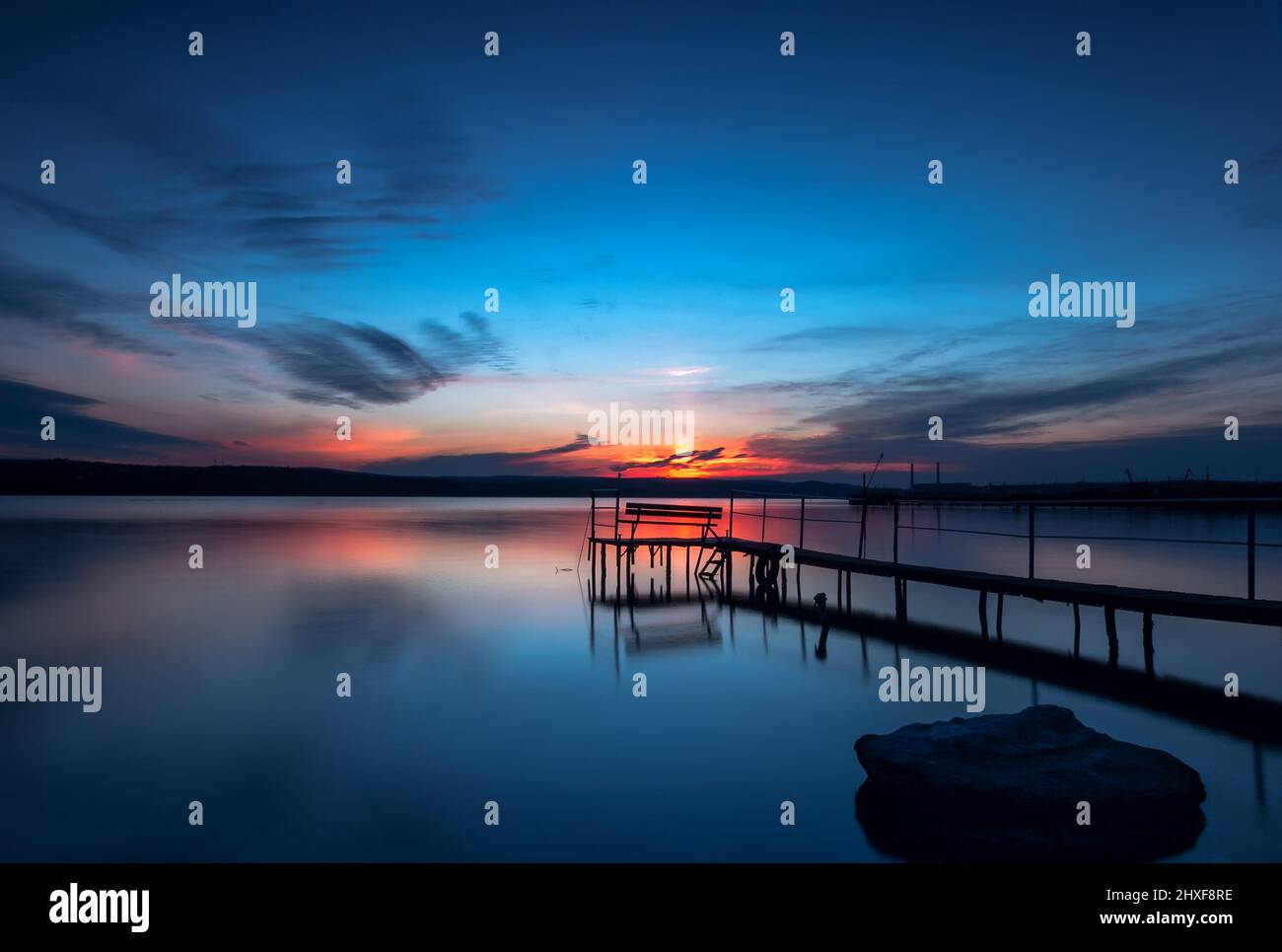 blue hour. Stunning long exposure sunset on the lake Stock Photo - Alamy