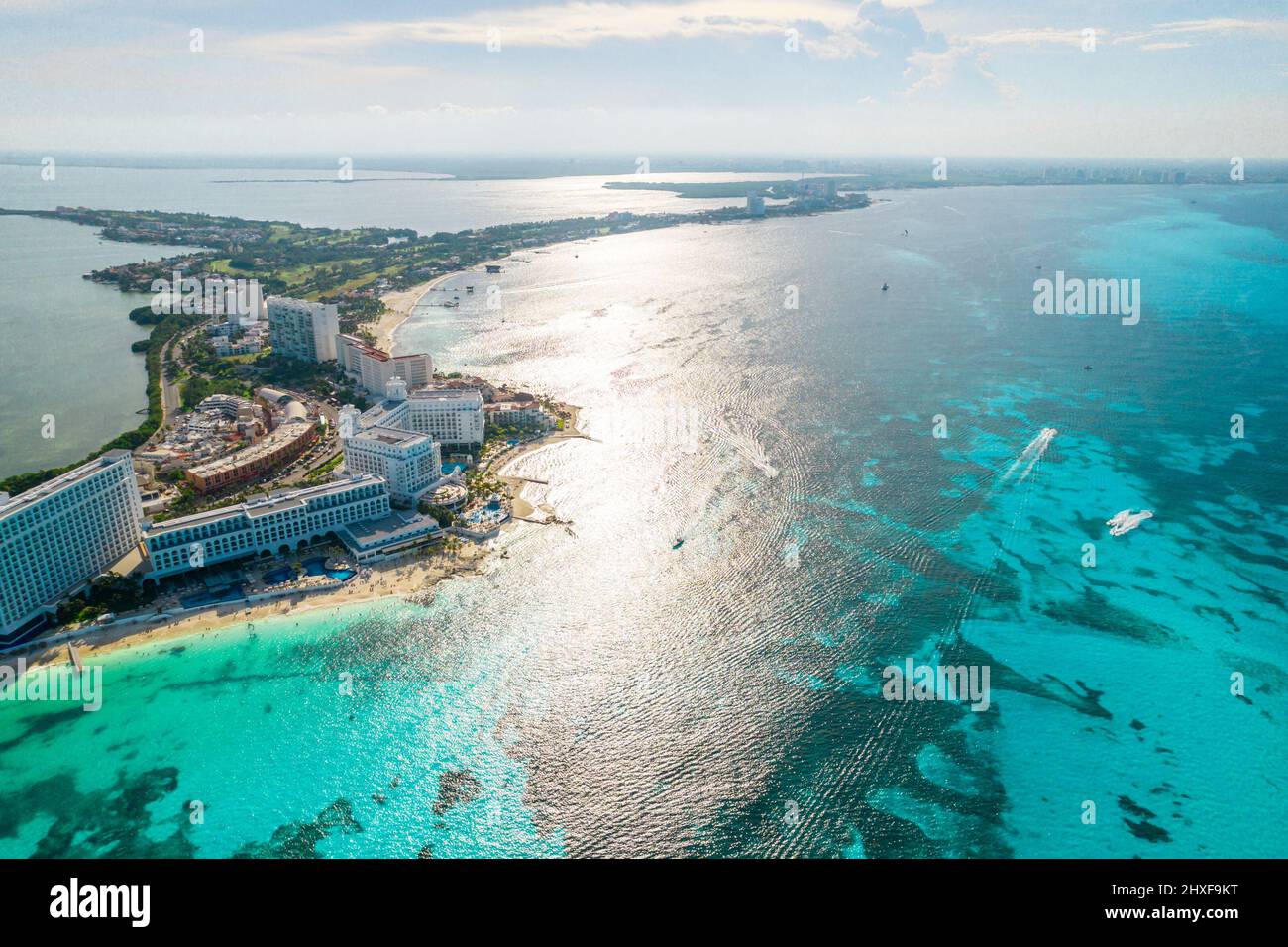 Aerial panoramic view of Cancun beach and city hotel zone in Mexico ...