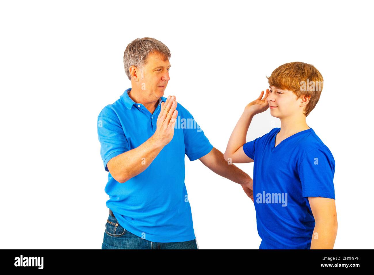 happy father with his sun in blue shirt Stock Photo - Alamy