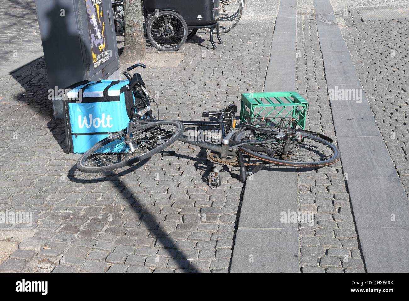 Copenhagen/Denmark./12 Mach 2022/. Wolt partners delivery bike in ...