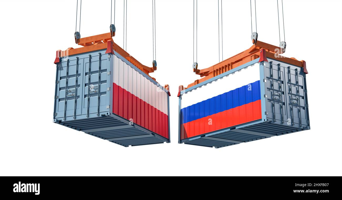 Cargo containers with Russia and Poland national flags. 3D Rendering Stock Photo - Alamy