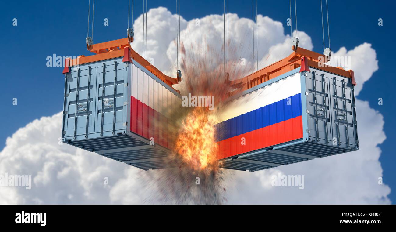 Trade war. Cargo containers with Russia and Poland national flags colliding. 3D Rendering Stock ...
