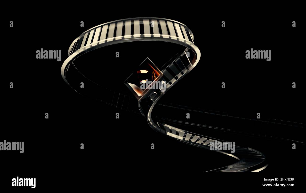 Abstract rollercoaster curved rails and a moving cart, seamless loop ...