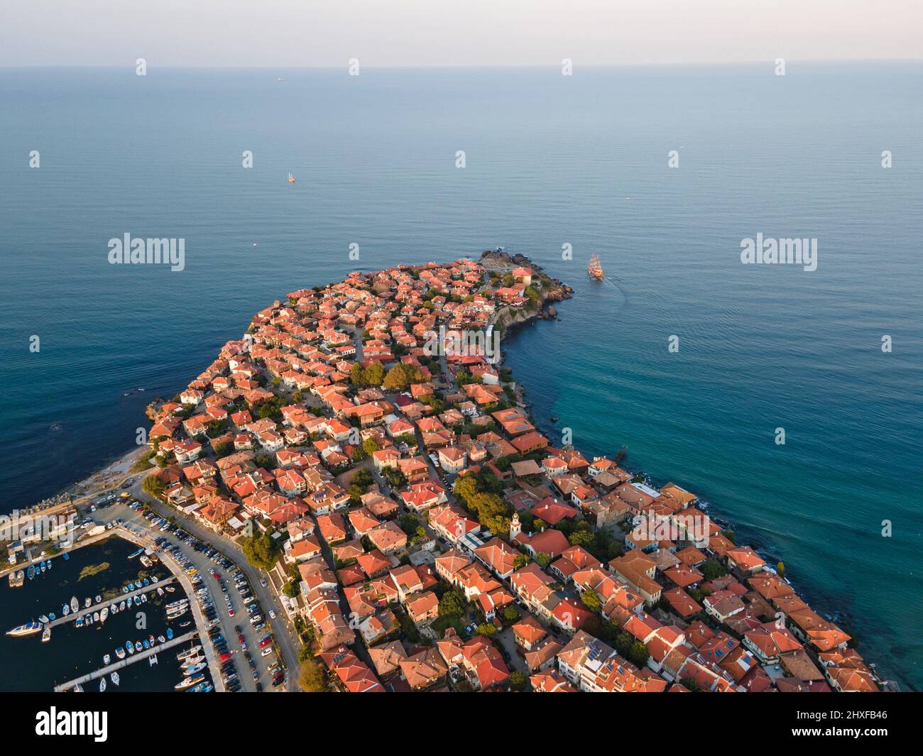Aerial sunset view of old town and port of Sozopol, Burgas Region ...