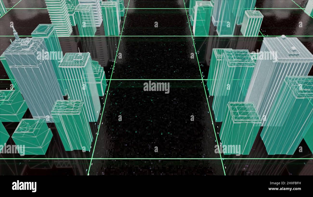 Seamless looping 3d city wireframe of green color on a black background ...