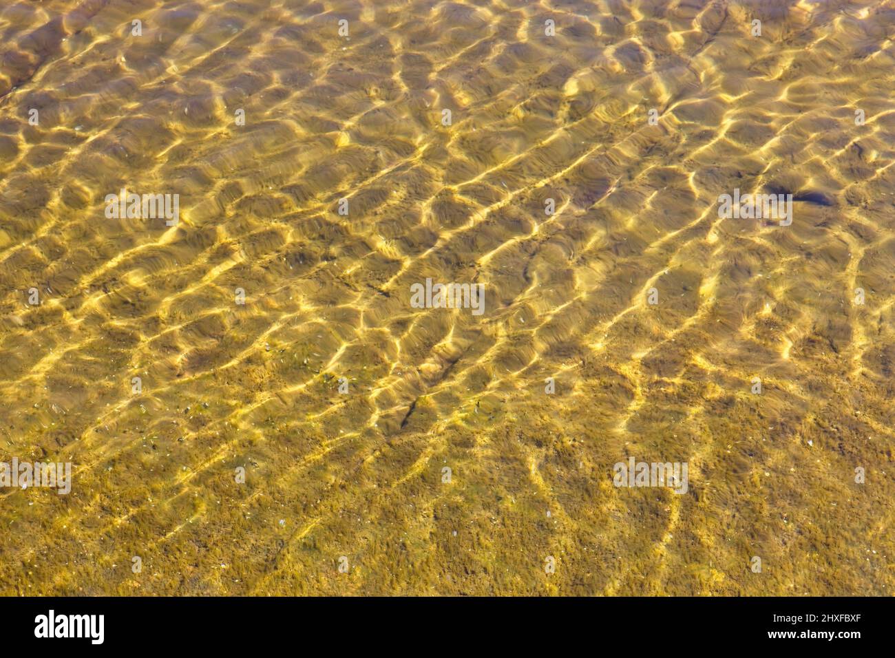 Shallow water over rock bottom with reflections and small rippling ...