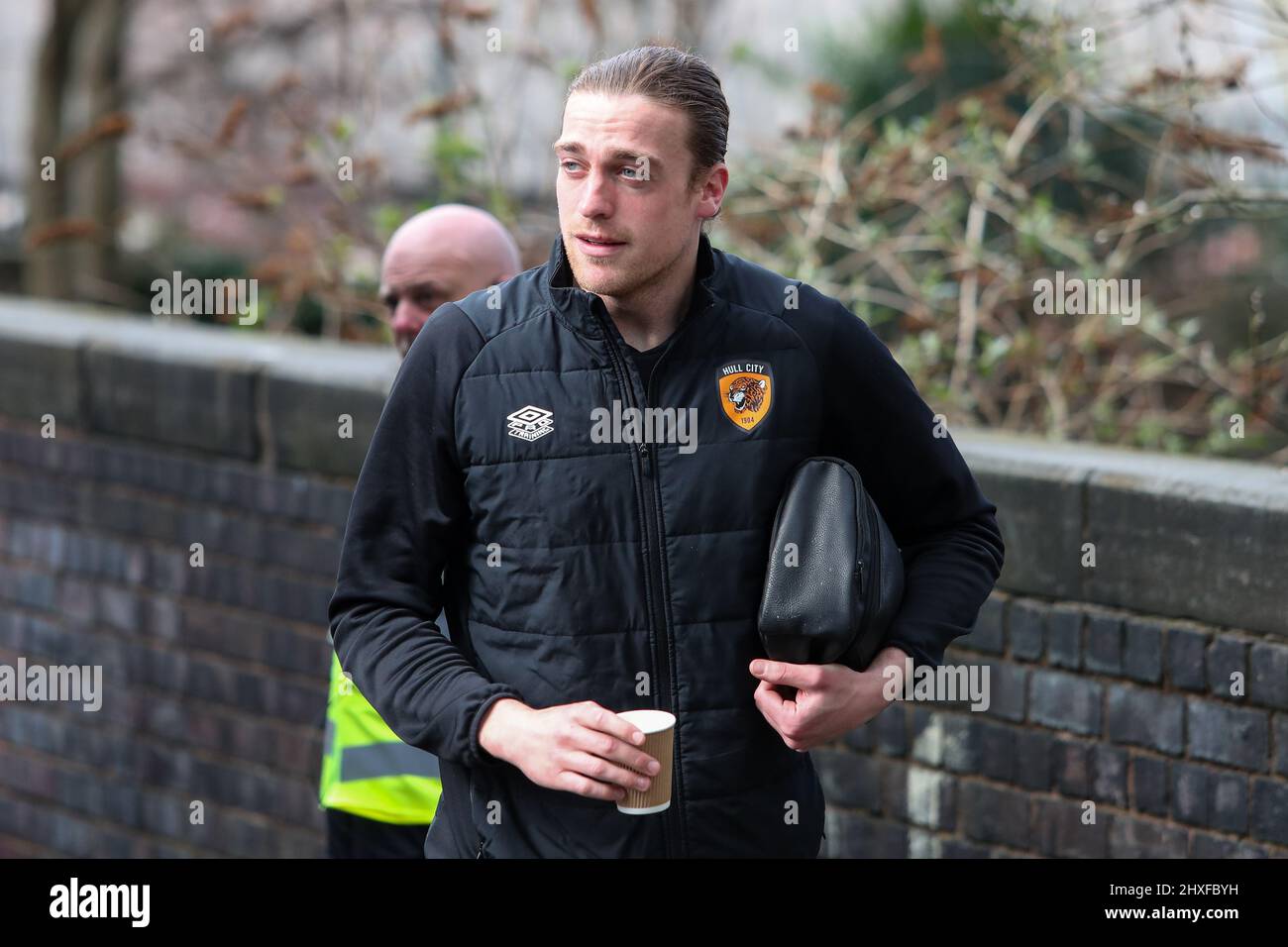 Tom Eaves #9 of Hull City arrives at St. Andrew's Stadium ahead of this ...