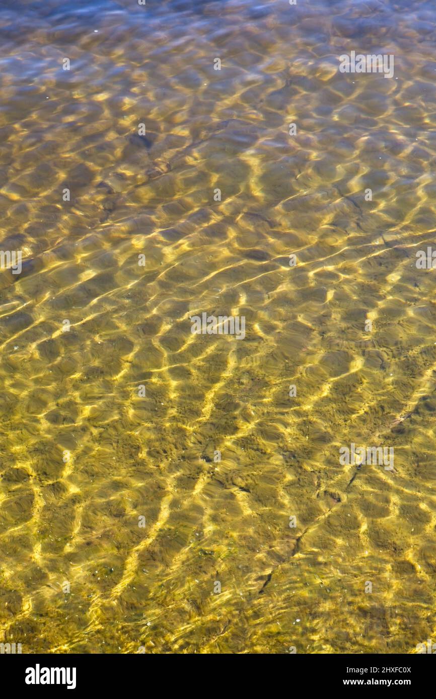Shallow water over rock bottom with reflections and small rippling ...