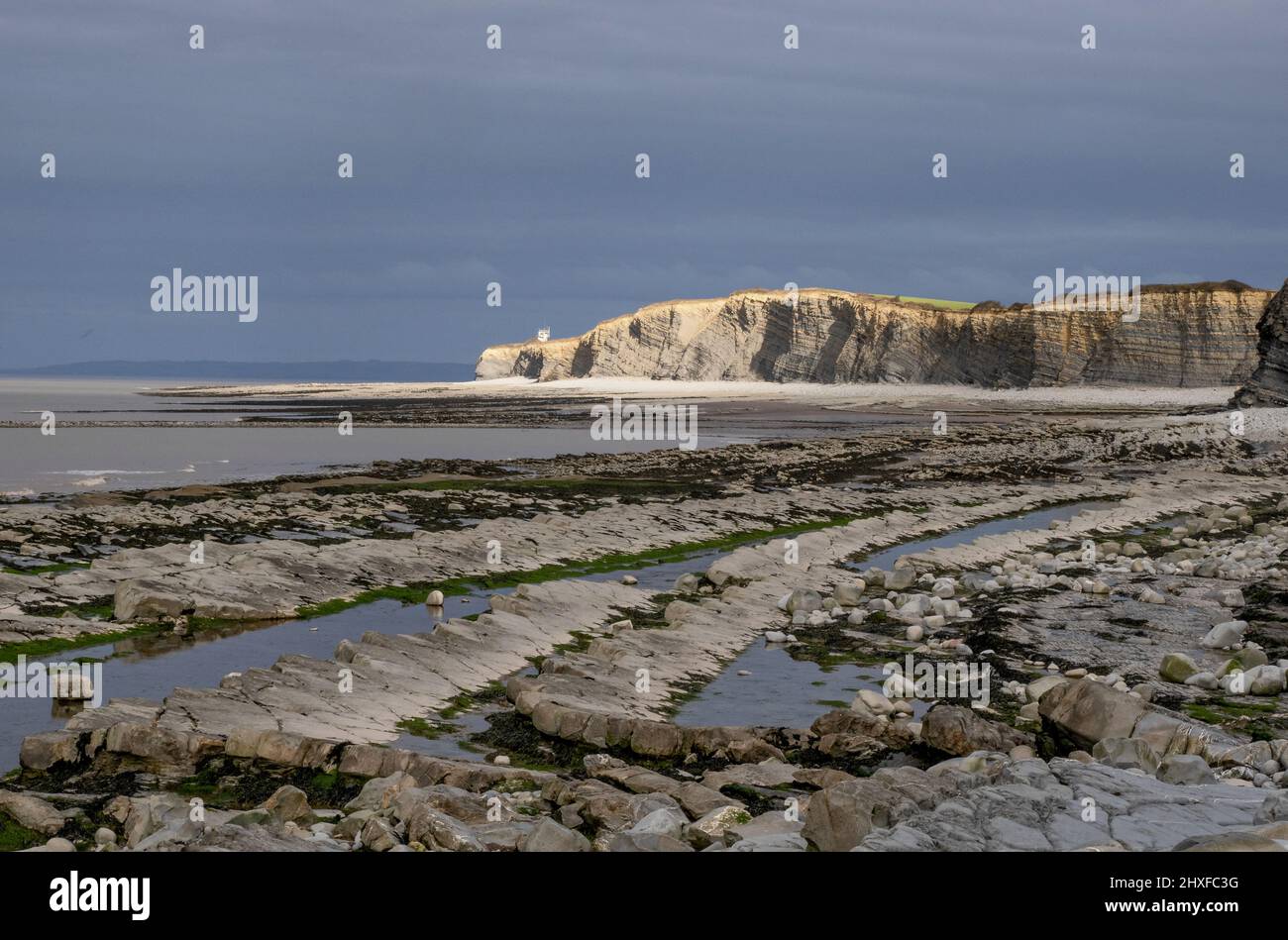 Somerset Jurassic coast at Kilve beach looking towards Lilstock at low ...