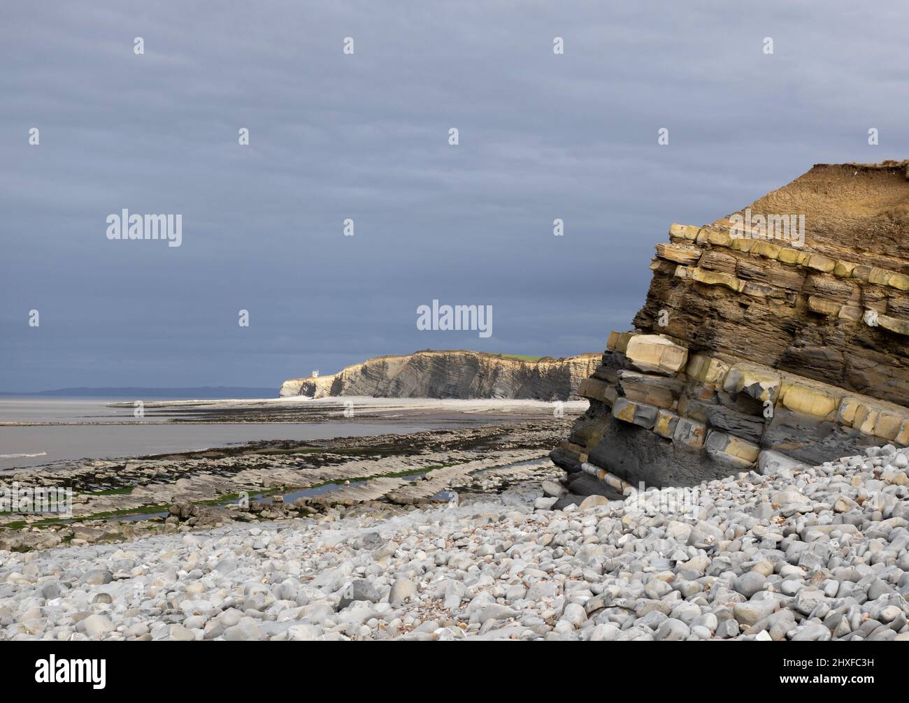 Somerset Jurassic coast at Kilve beach looking towards Lilstock at low ...