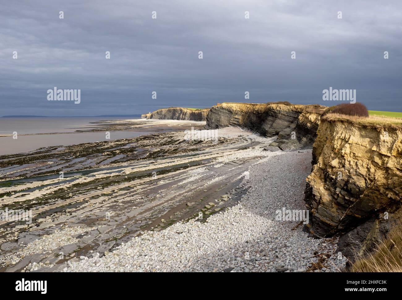 Somerset Jurassic coast at Kilve beach looking towards Lilstock at low ...
