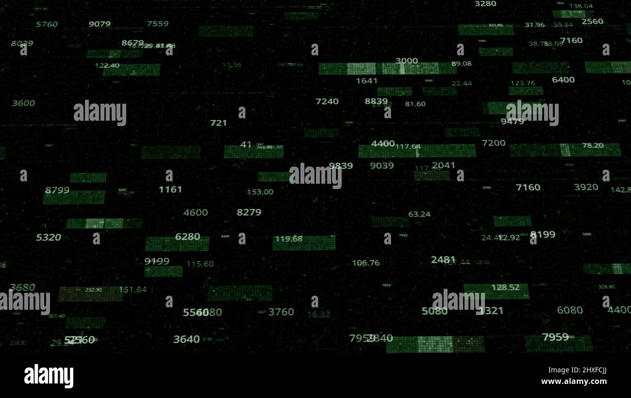 Abstract green flowing digital numbers and rectangles on a black background, seamless loop ...