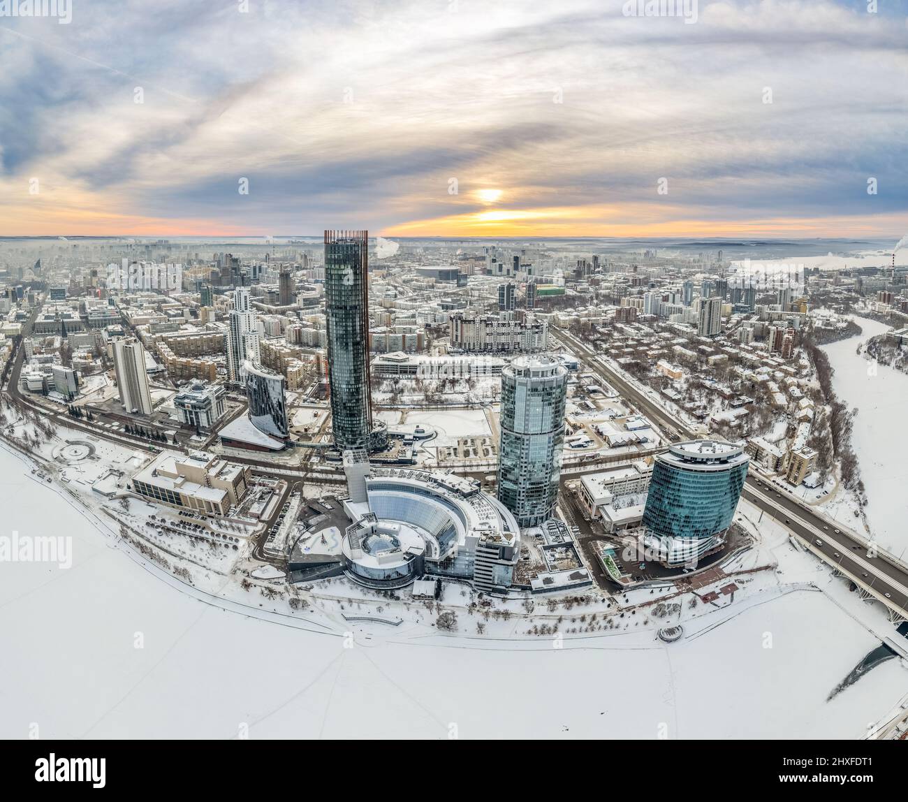 Yekaterinburg aerial panoramic view in Winter at sunset. Yekaterinburg ...
