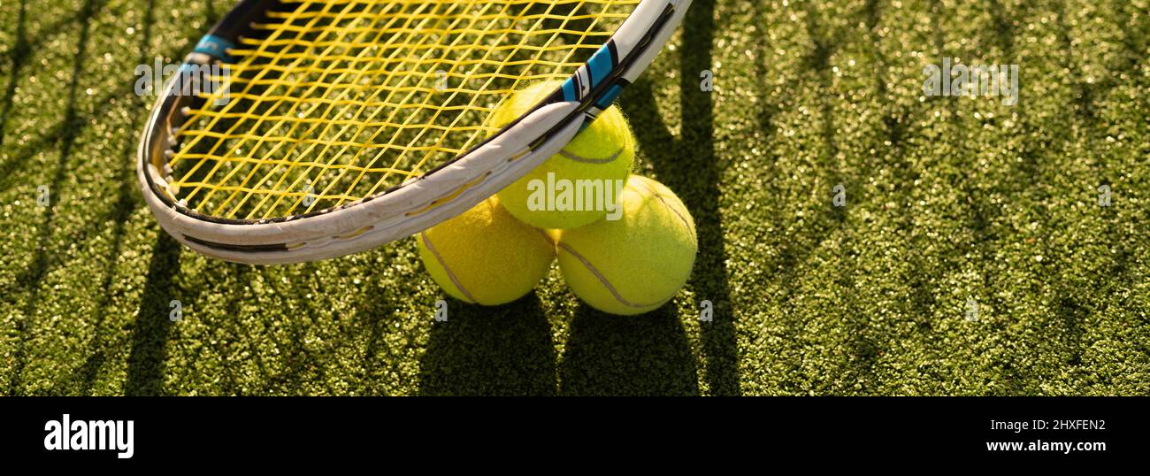 Tennis game. Tennis ball with racket on the tennis court. Sport ...