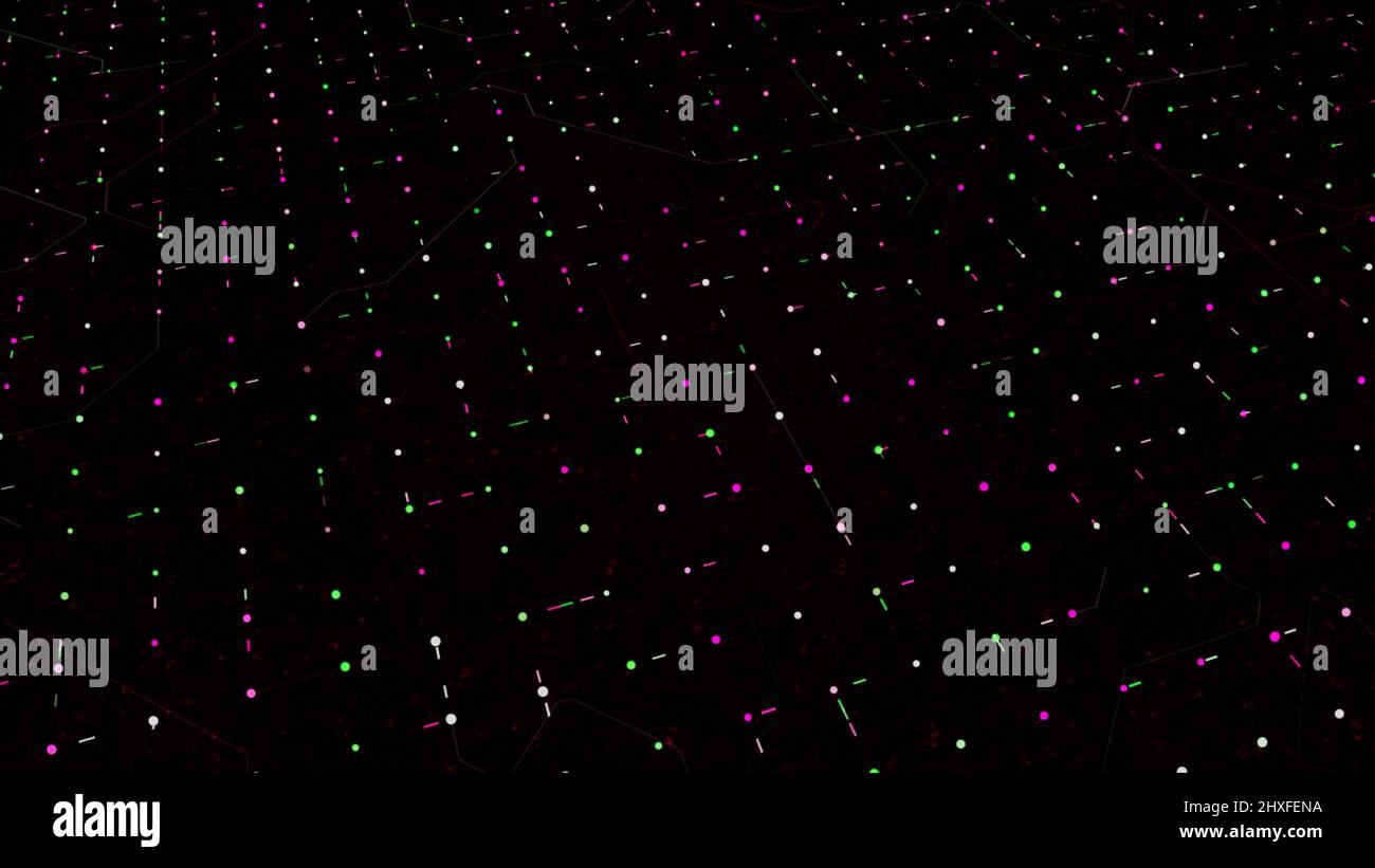 Square shaped grid with running tiny particles on a dark background ...