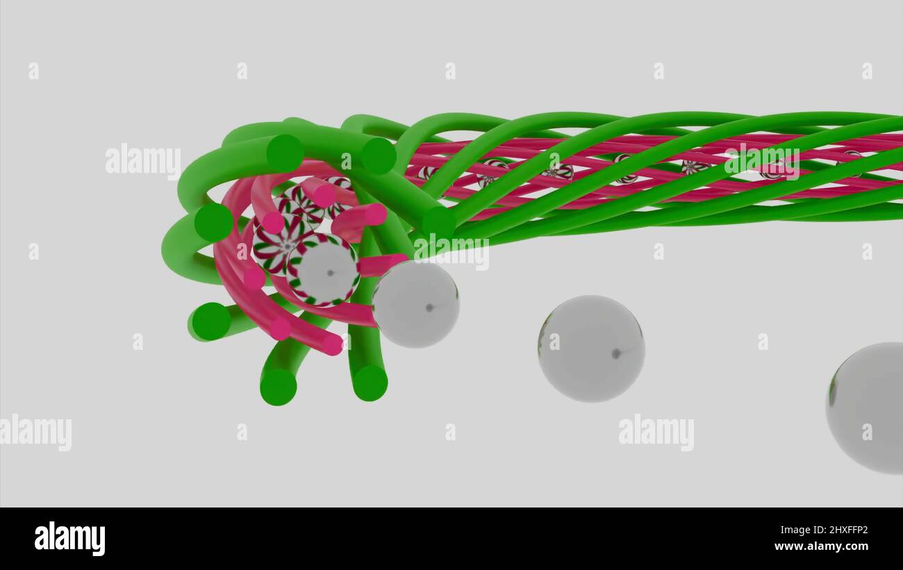 3D animation of balls moving in spiral. Design. Balls move in formation ...