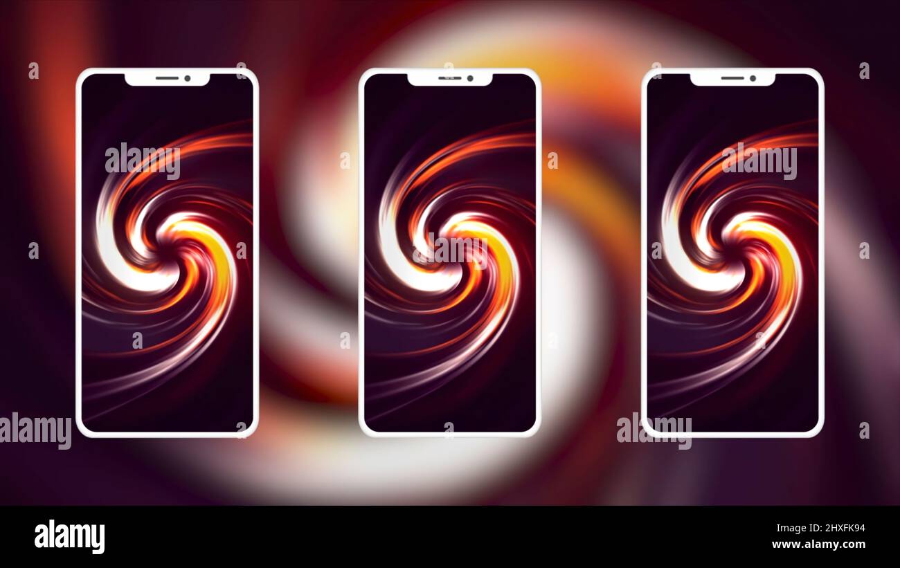 Background with multiple phones. Motion. Bright moving screensavers on screens of new phones ...