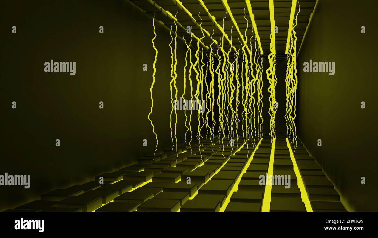 3D corridor with electric waves. Design. Rows of vibrating electric ...