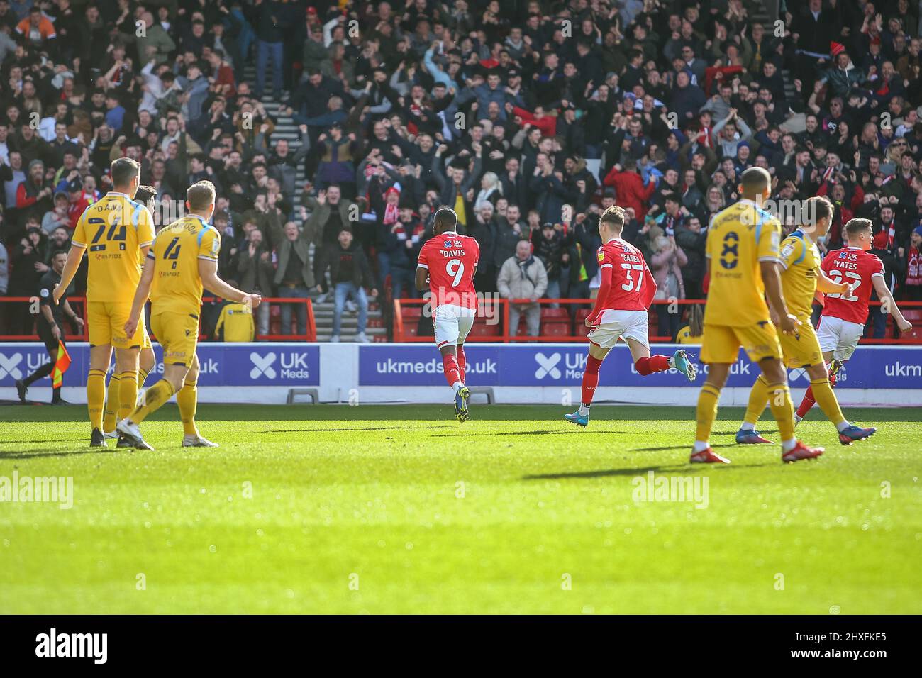 Keinan Davis #9 of Nottingham Forest celebrates his goal to make it 1-0 ...