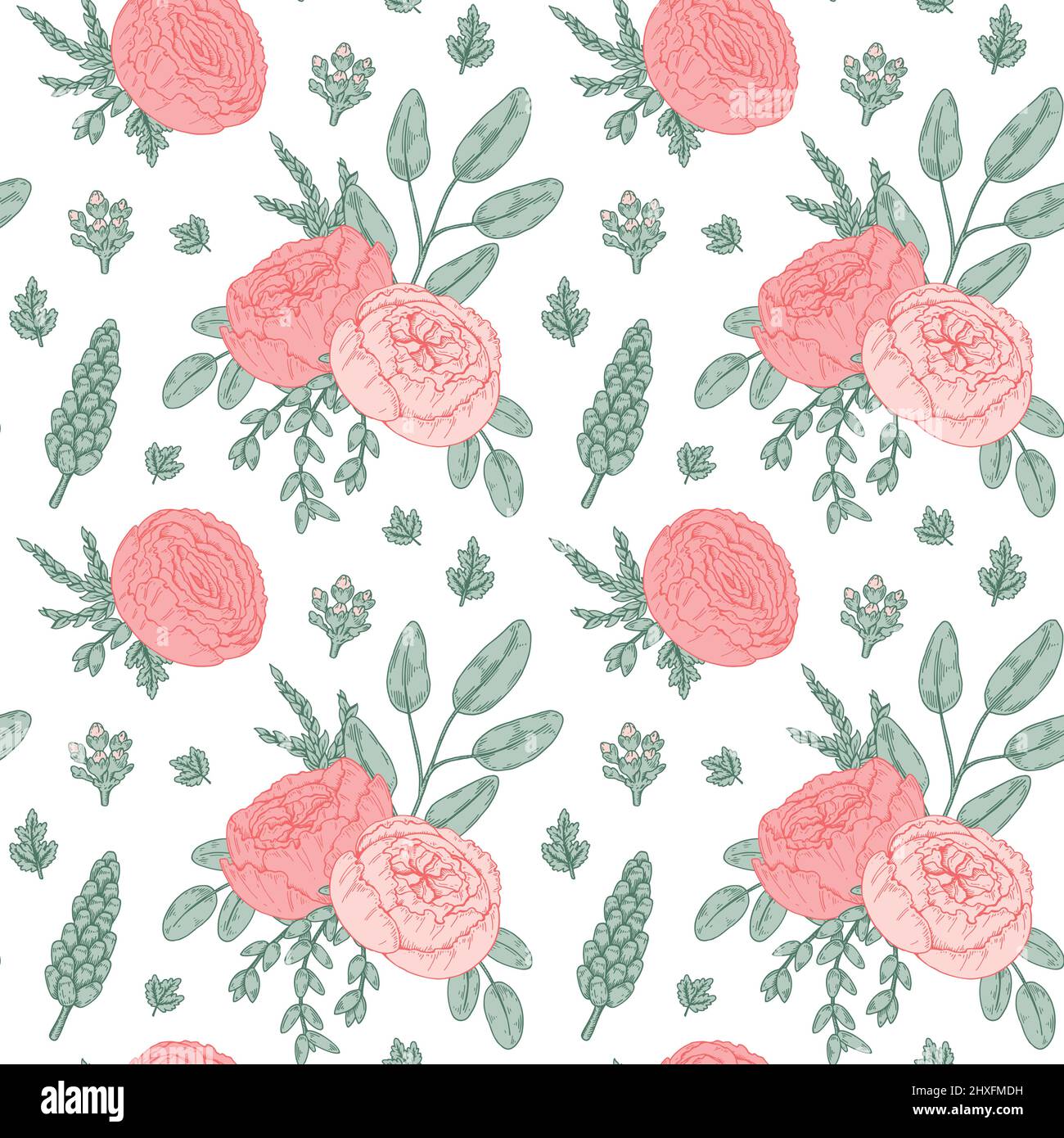 Gentle floral seamless pattern with roses and peonies. Hand drawn ...