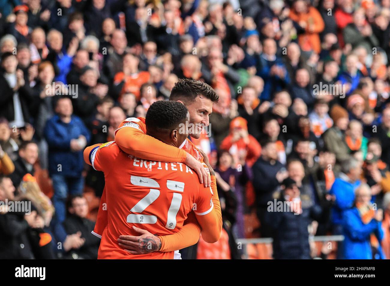 Blackpool, UK. 12th Mar, 2022. Gary Madine #14 of Blackpool celebrates ...
