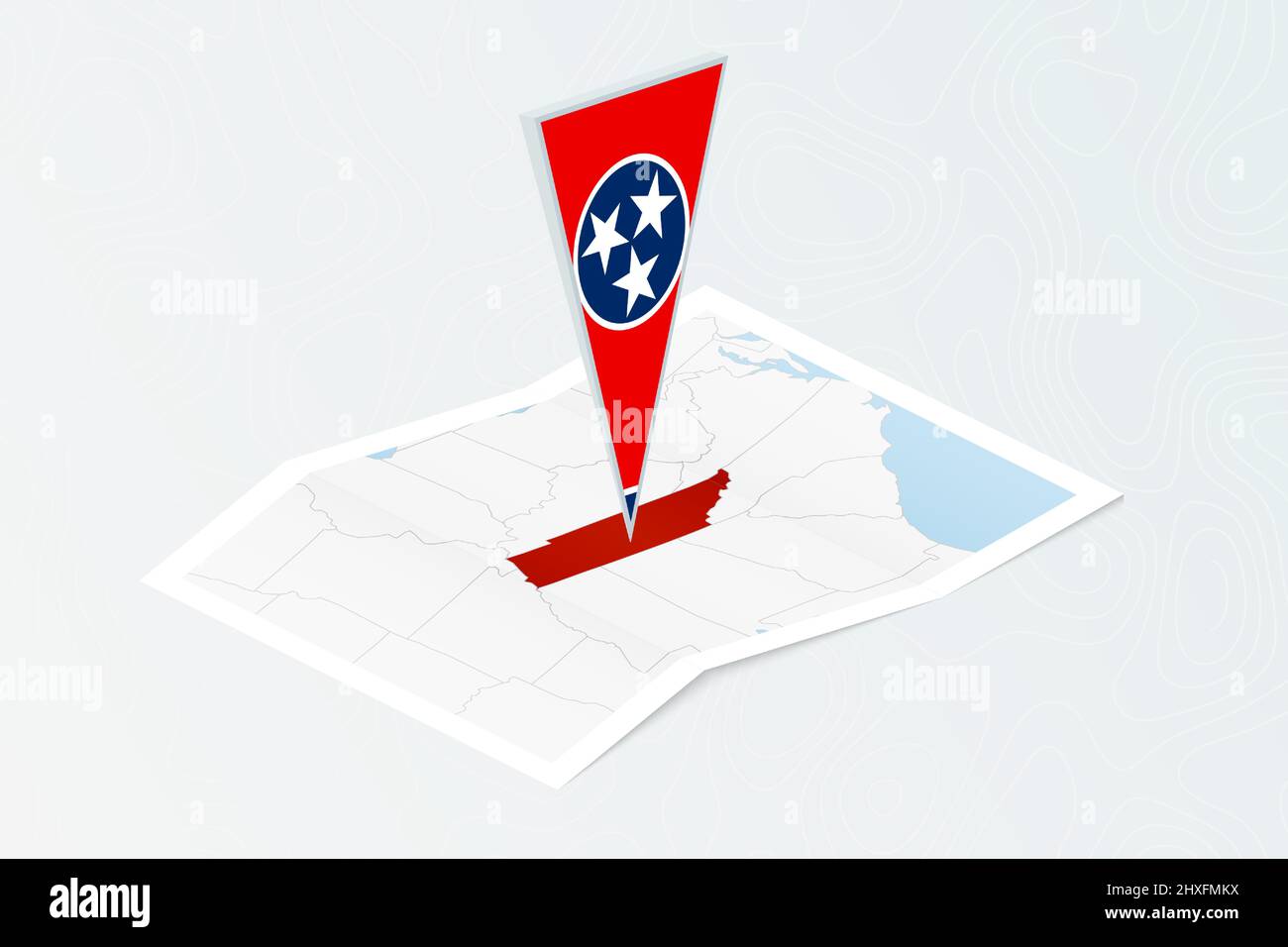 Isometric paper map of Tennessee with triangular flag of Tennessee in ...
