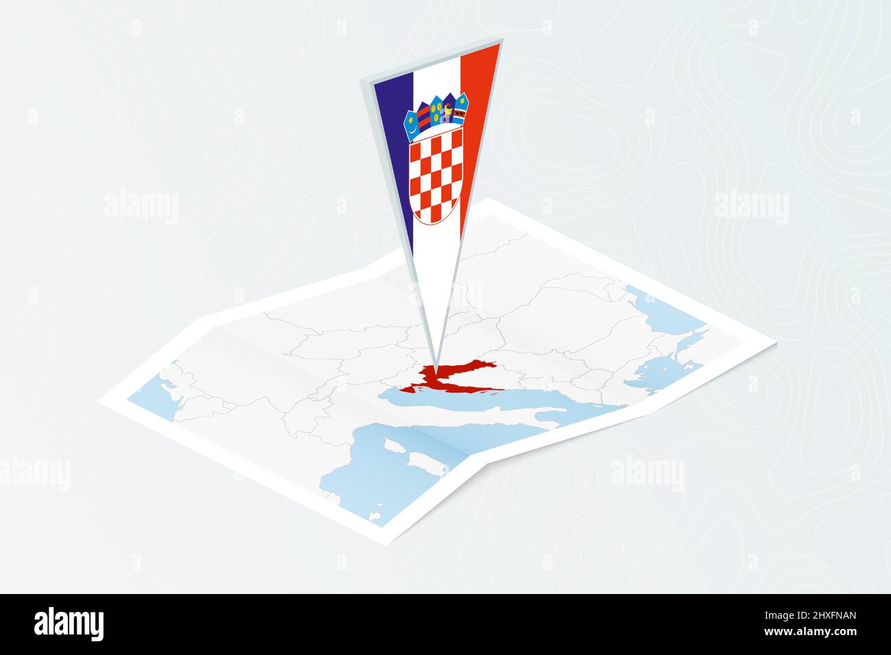 Isometric paper map of Croatia with triangular flag of Croatia in ...