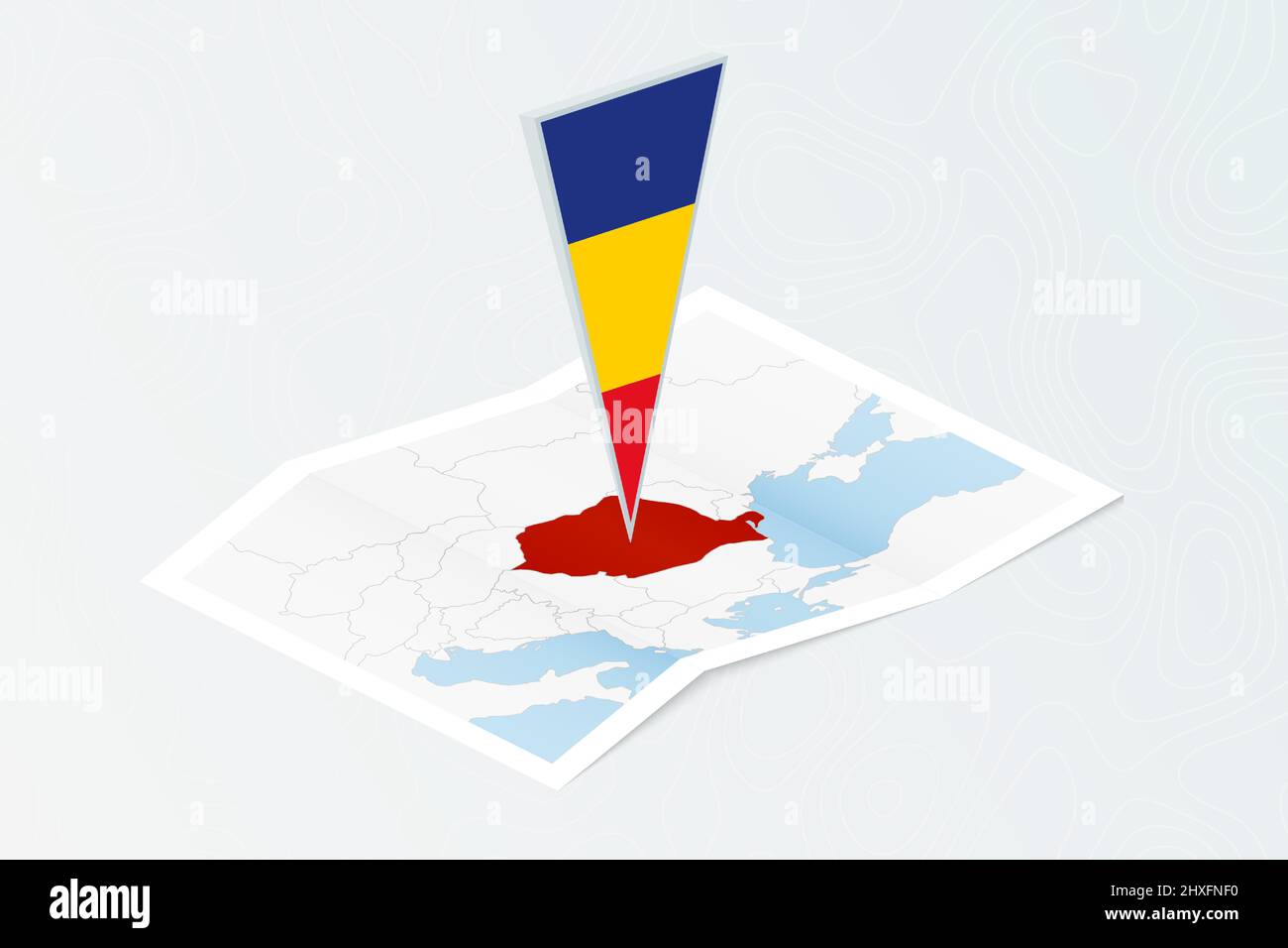 Isometric paper map of Romania with triangular flag of Romania in ...