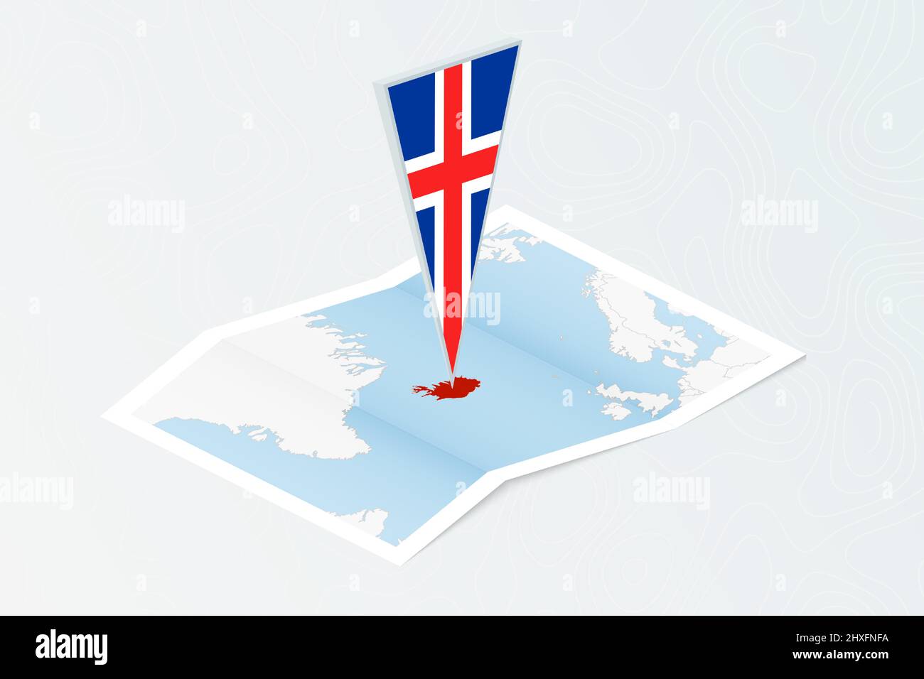Isometric paper map of Iceland with triangular flag of Iceland in isometric style. Map on ...