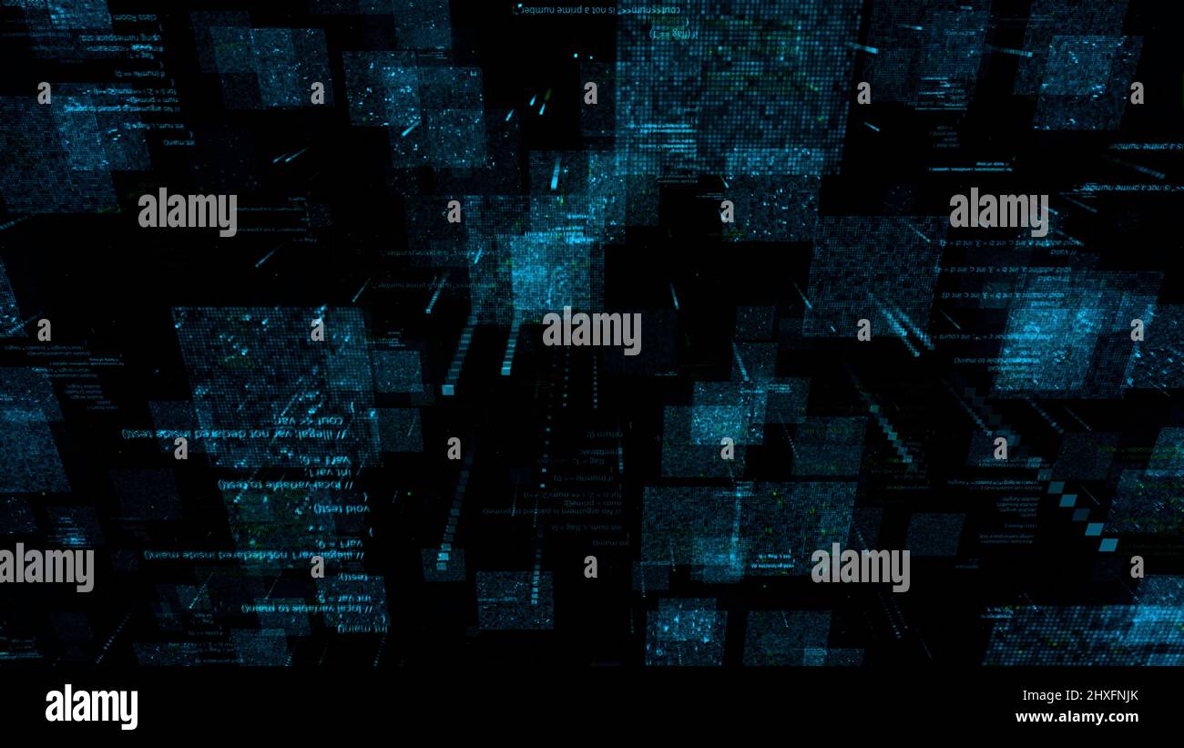 Digital program codes moving asymmetrically on a dark screen. Animation. Visualization of the ...