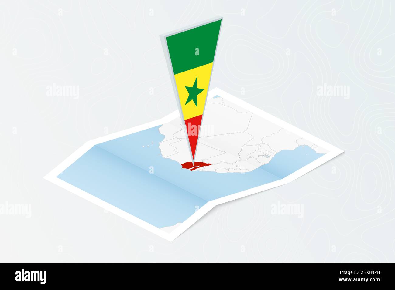 Isometric paper map of Senegal with triangular flag of Senegal in isometric style. Map on ...