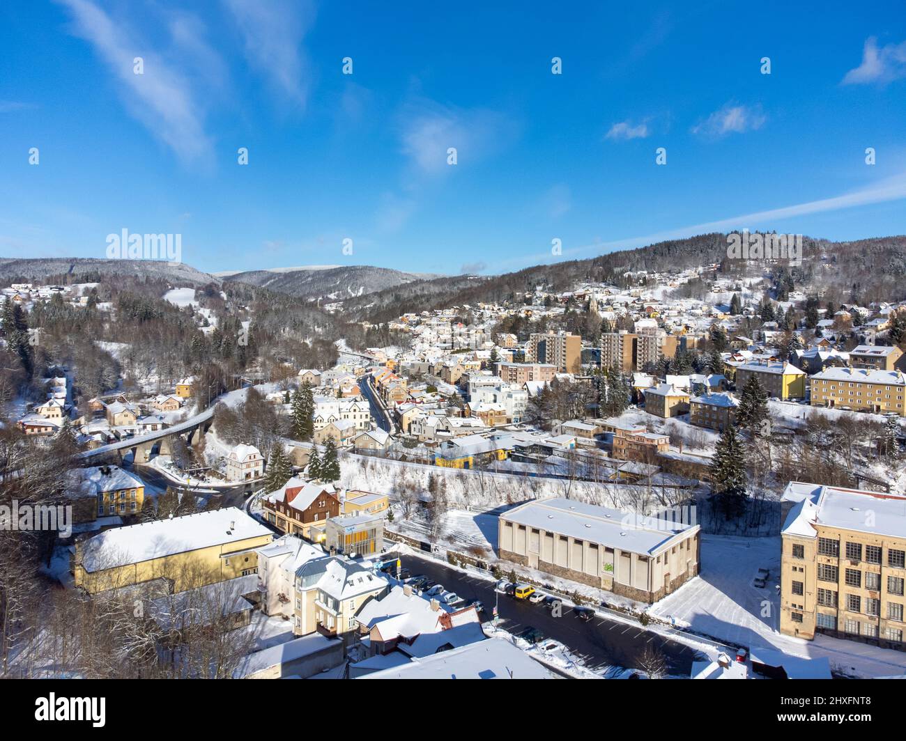 Aerial view of Tanvald on sunny winter day Stock Photo - Alamy