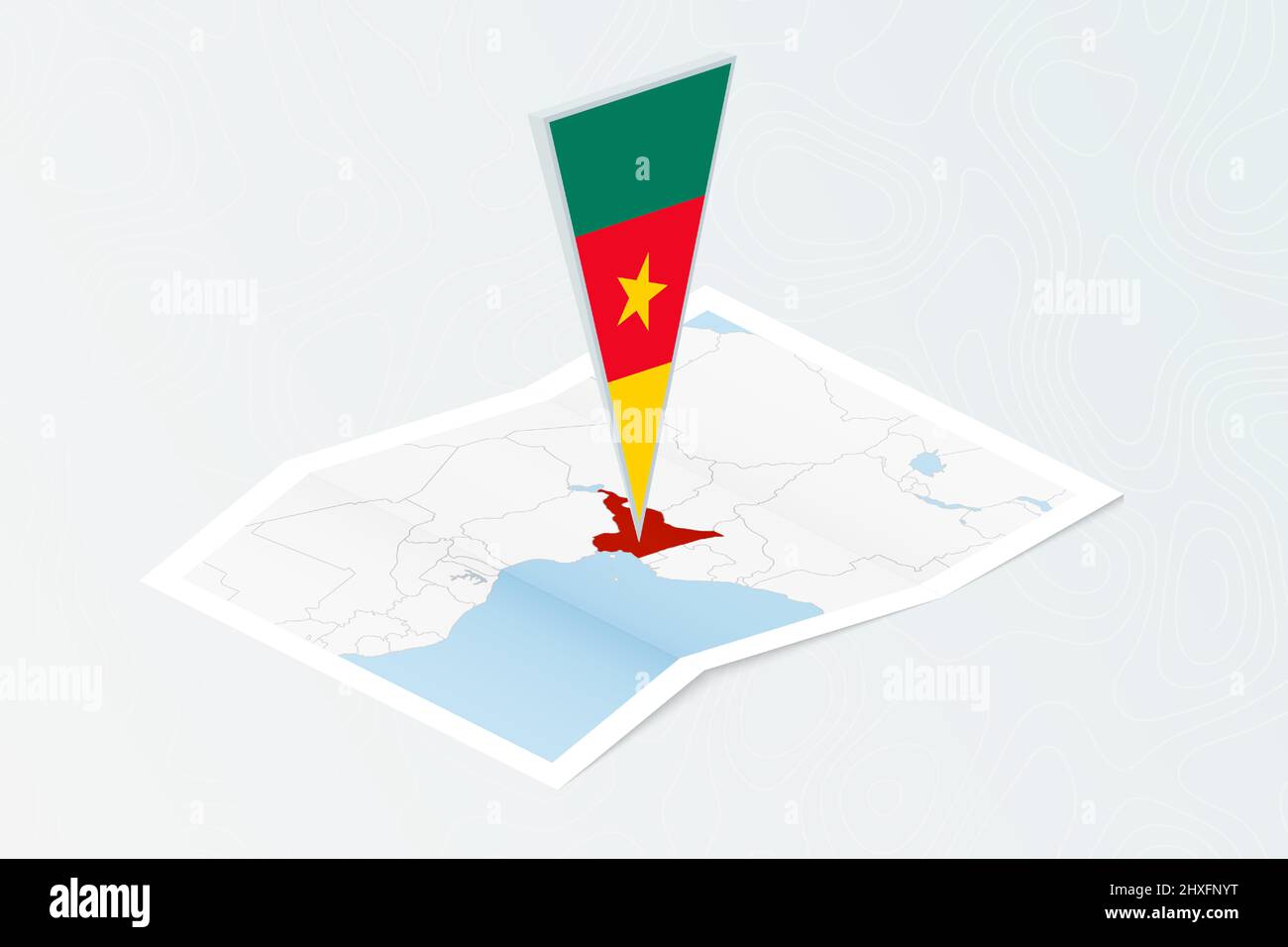 Isometric Paper Map Of Cameroon With Triangular Flag Of Cameroon In