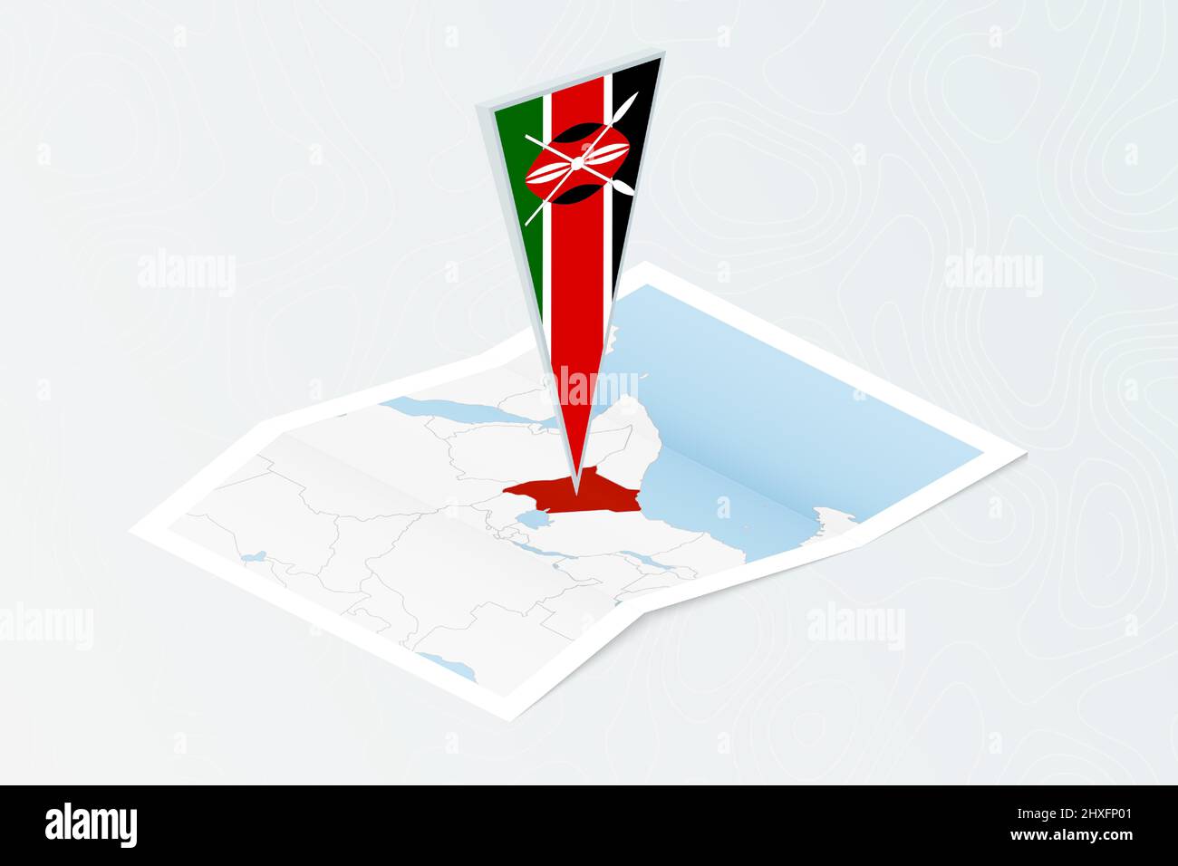 Isometric Paper Map Of Kenya With Triangular Flag Of Kenya In Isometric