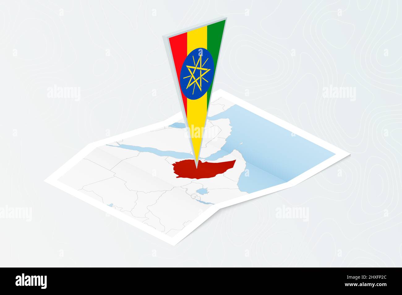 Isometric paper map of Ethiopia with triangular flag of Ethiopia in ...