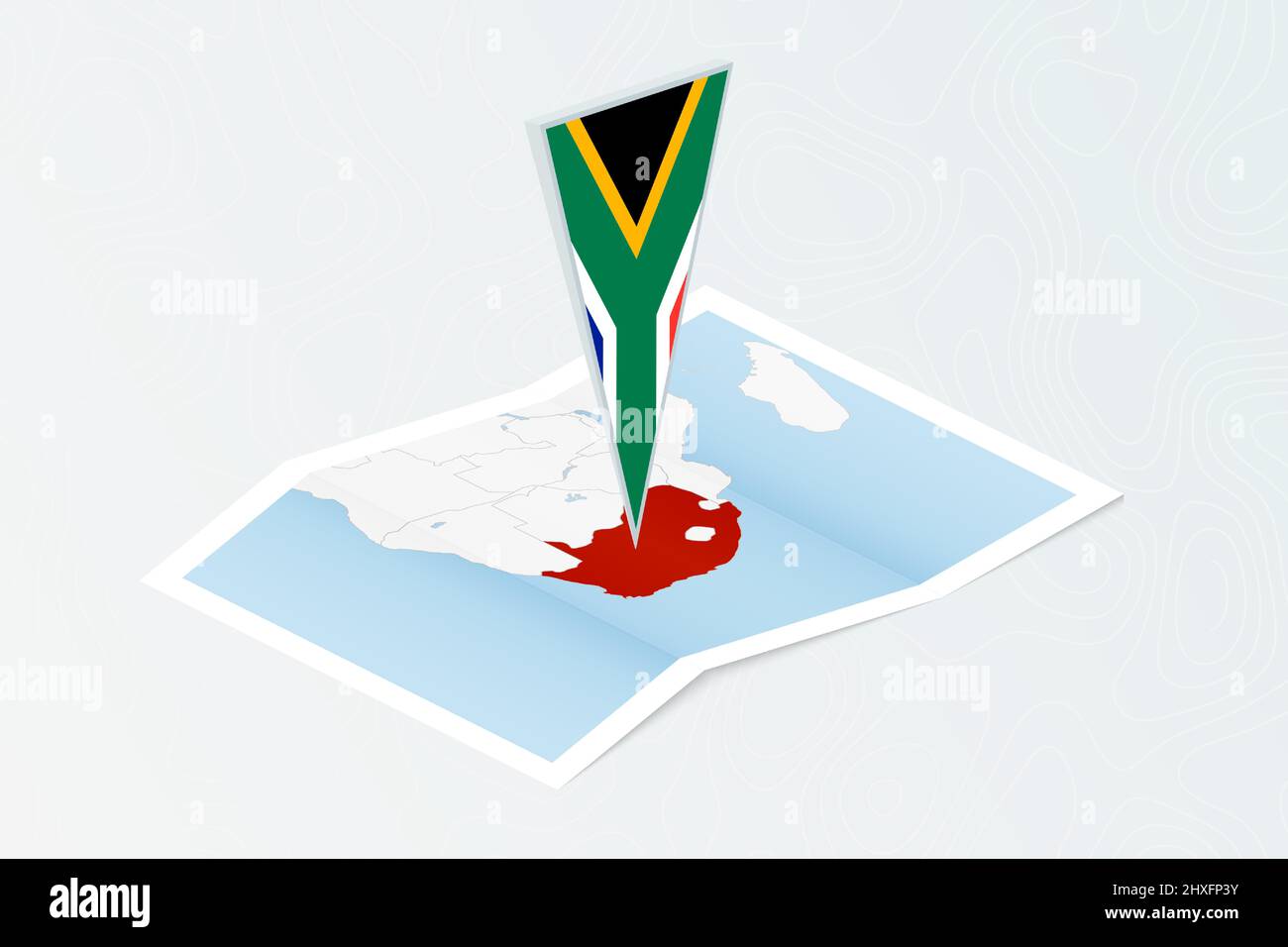 Isometric paper map of South Africa with triangular flag of South Africa in isometric style. Map ...