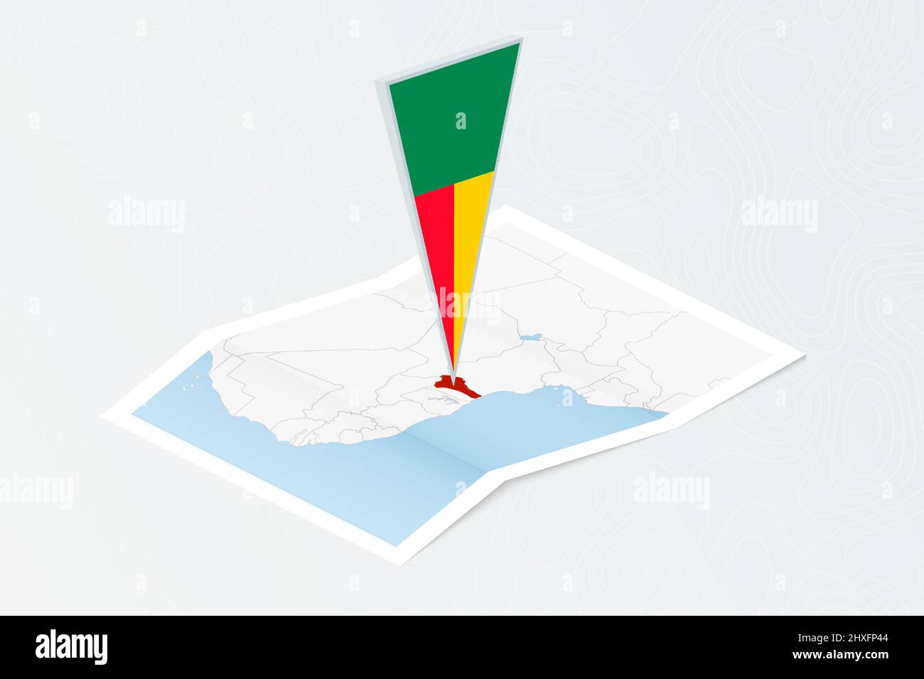 Isometric paper map of Benin with triangular flag of Benin in isometric ...
